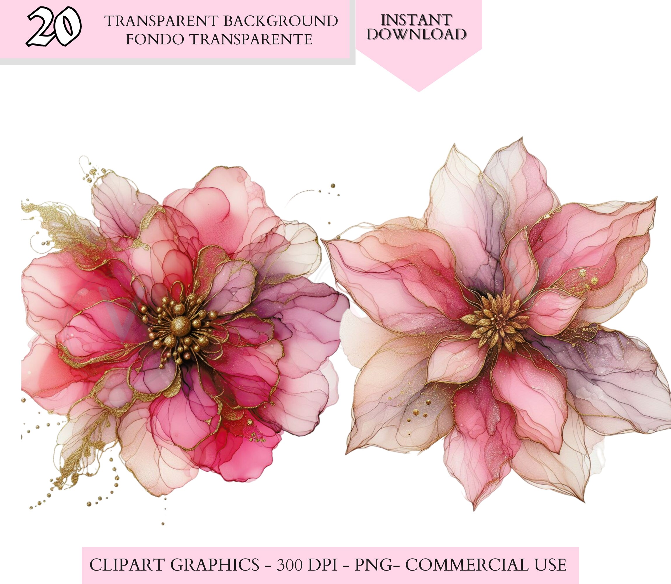 20 Abstract Flowers Clipart, Pink Gold Flower, Flowers Print Printable ...