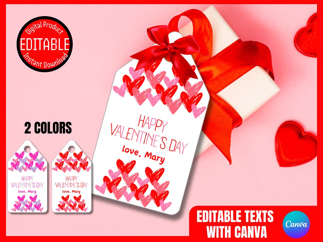 Editable Happy Valentine's Day Gift Tag Favor Pink Red Watercolor Heart ...