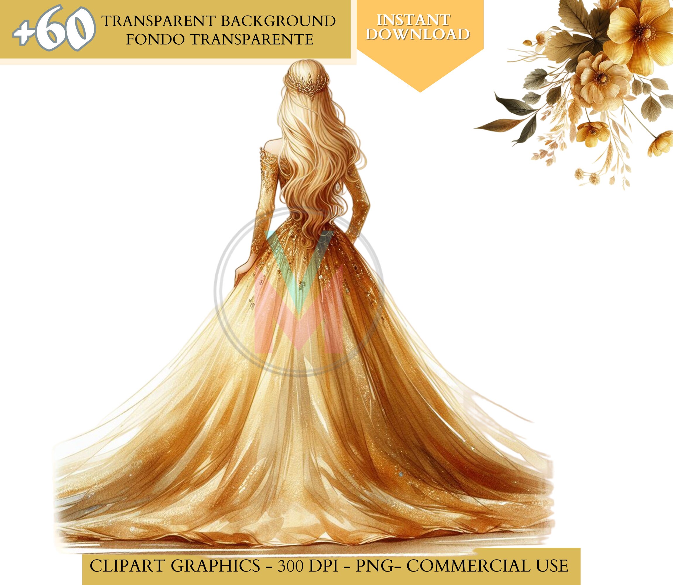 Gold Princess Watercolor Clipart, Watercolor Clip Art, Dress Xv Años ...
