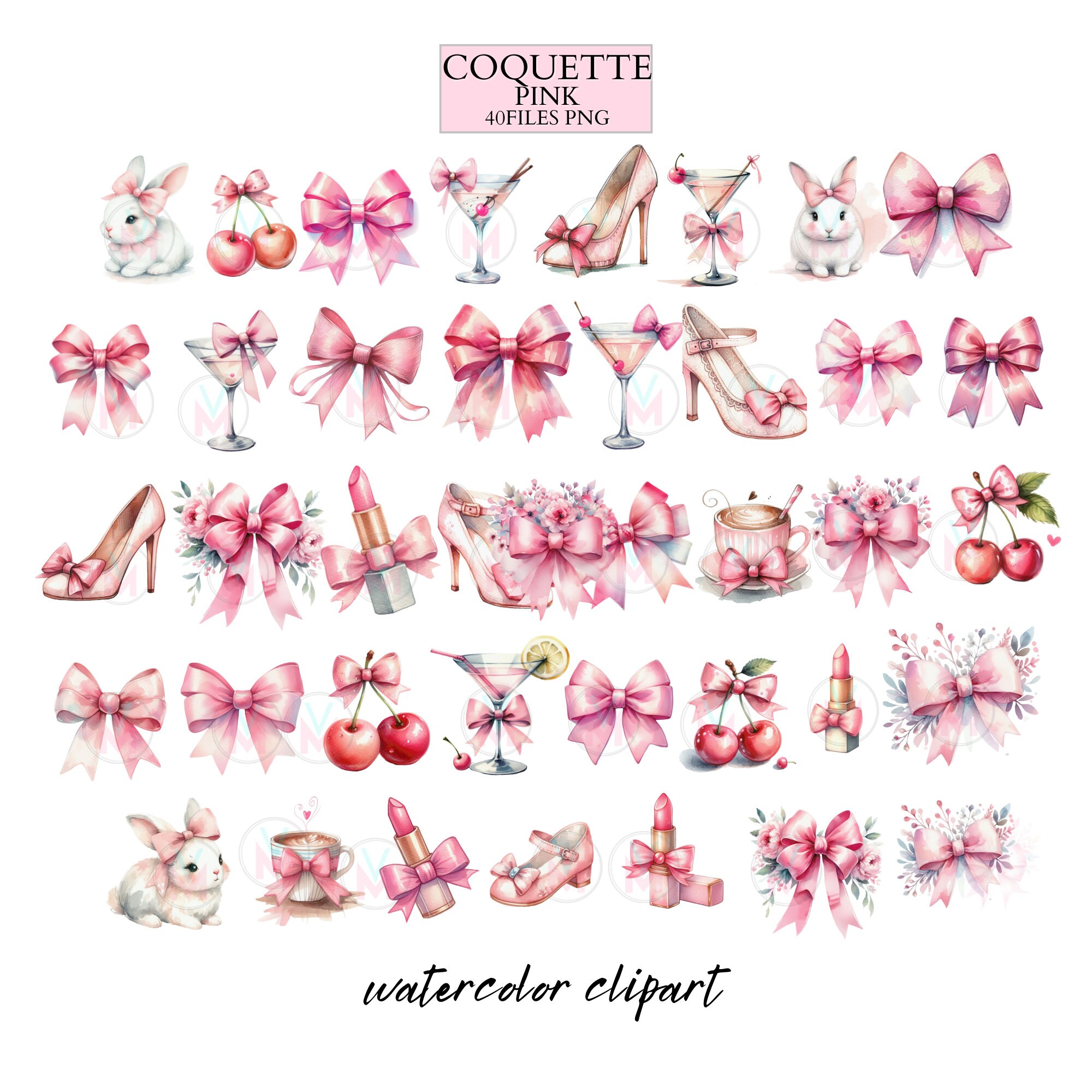 Pink Coquette Png Watercolor Clipart Ribbon Bow, Cherries Martinis ...