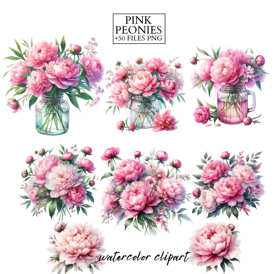 Pink Peonies Clipart Bundle, Watercolor Flowers Clipart, Peony PNG ...