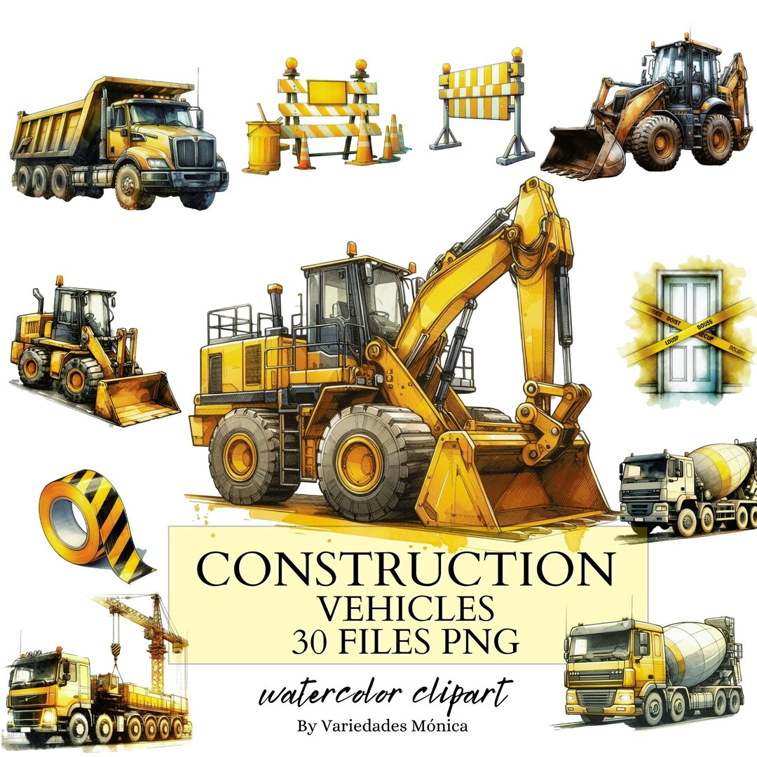 Construction Vehicles Png Watercolor Clipart Excavator PNG Bulldozer ...