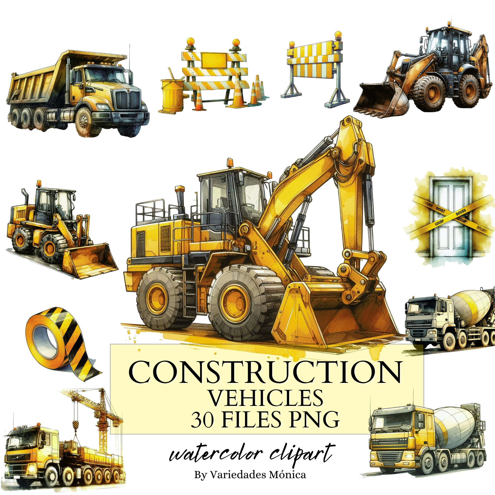 Construction Vehicles Png Watercolor Clipart Excavator PNG Bulldozer ...