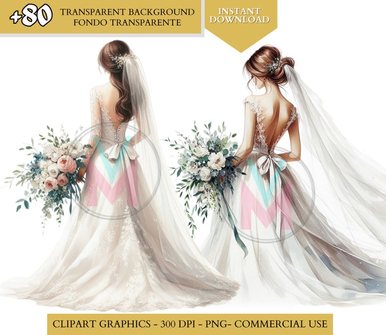 Bride From the Back Watercolor Wedding Clipart Png-wedding Clipart ...