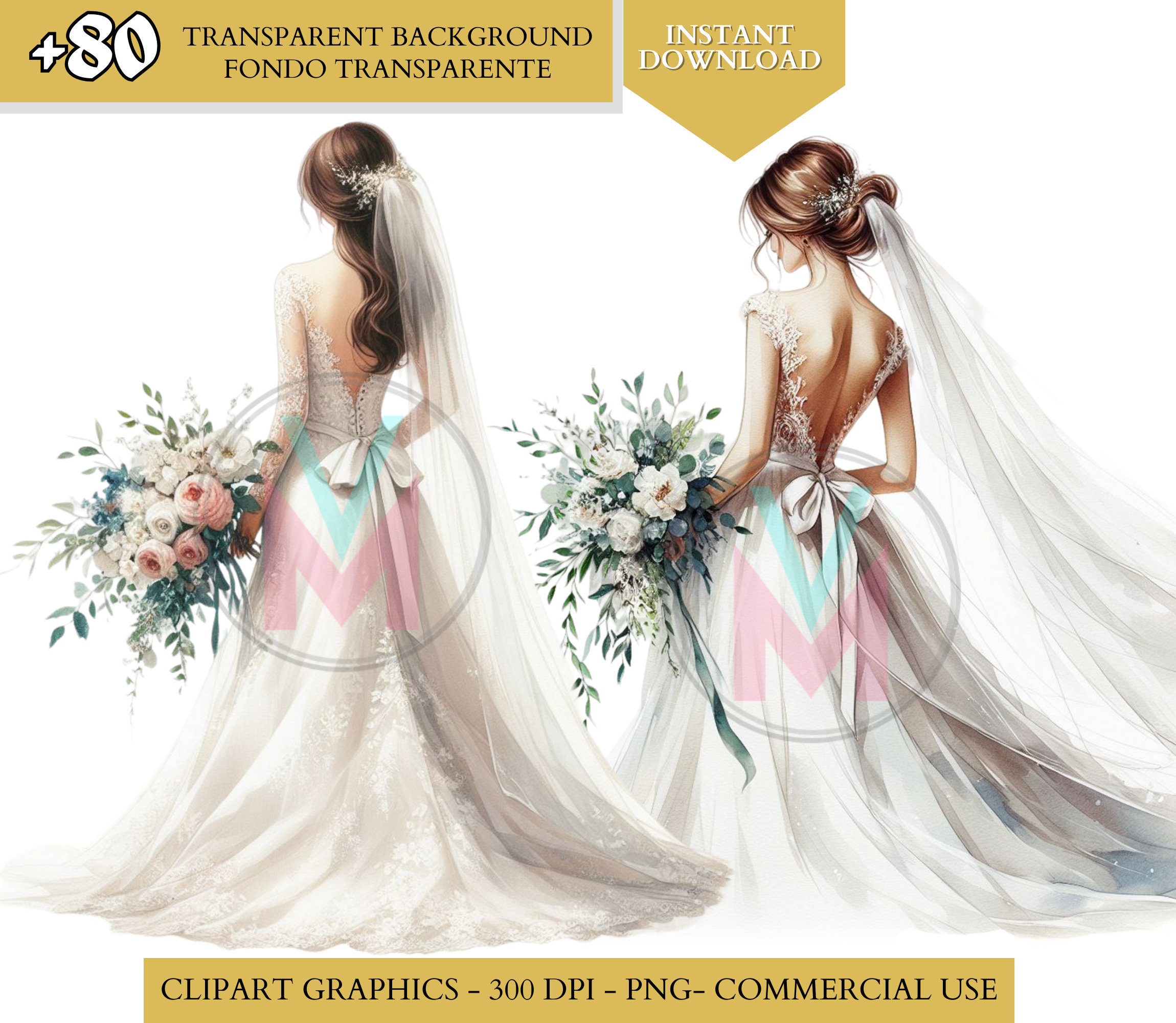 Bride From the Back Watercolor Wedding Clipart Png-wedding Clipart ...