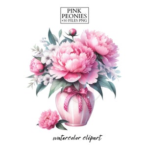 Pink Peonies Clipart Bundle, Watercolor Flowers Clipart, Peony PNG ...