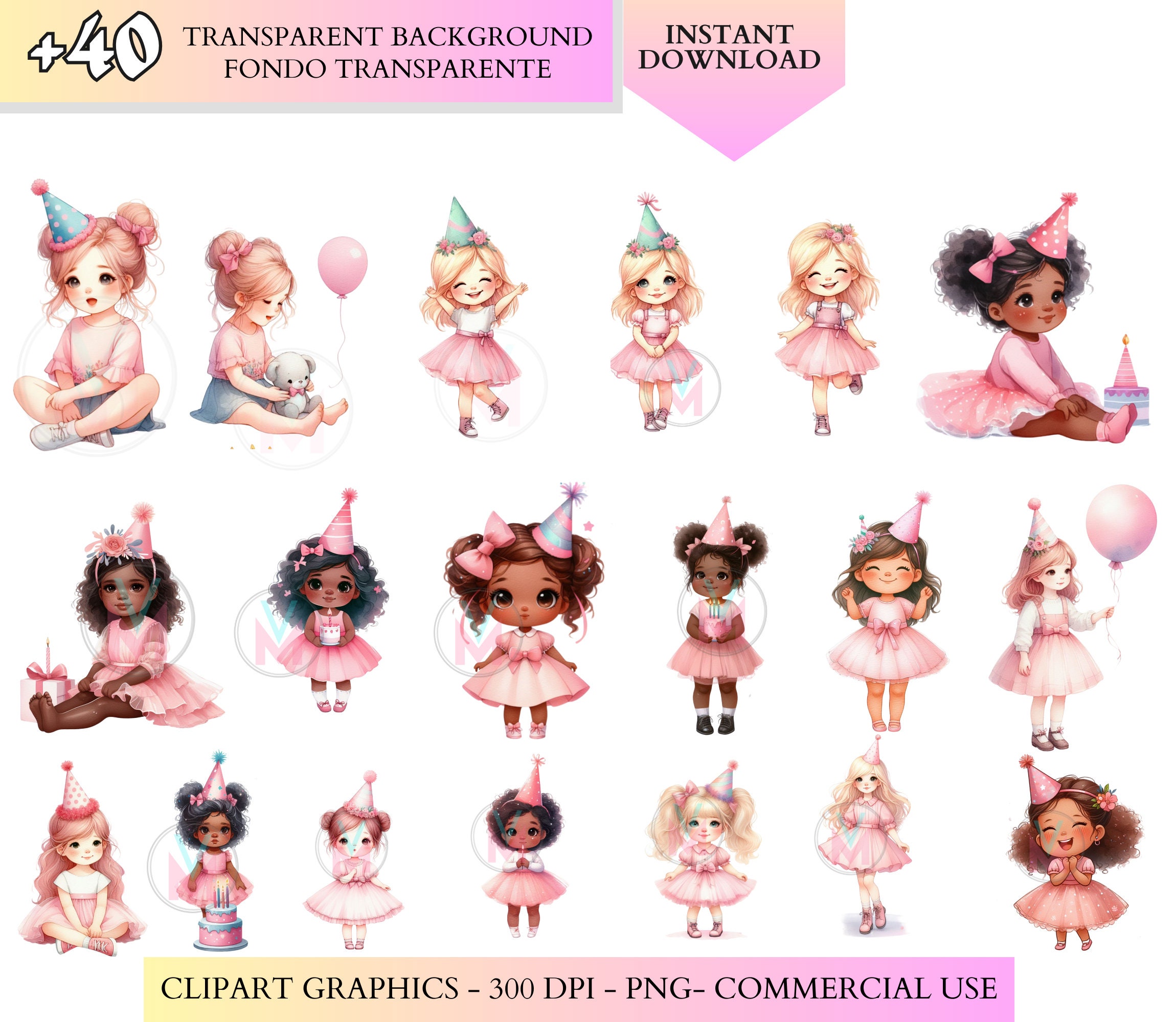 Pink Birthday Clipart GIRL Watercolor Bundle Birthday Pngs, Birthday ...