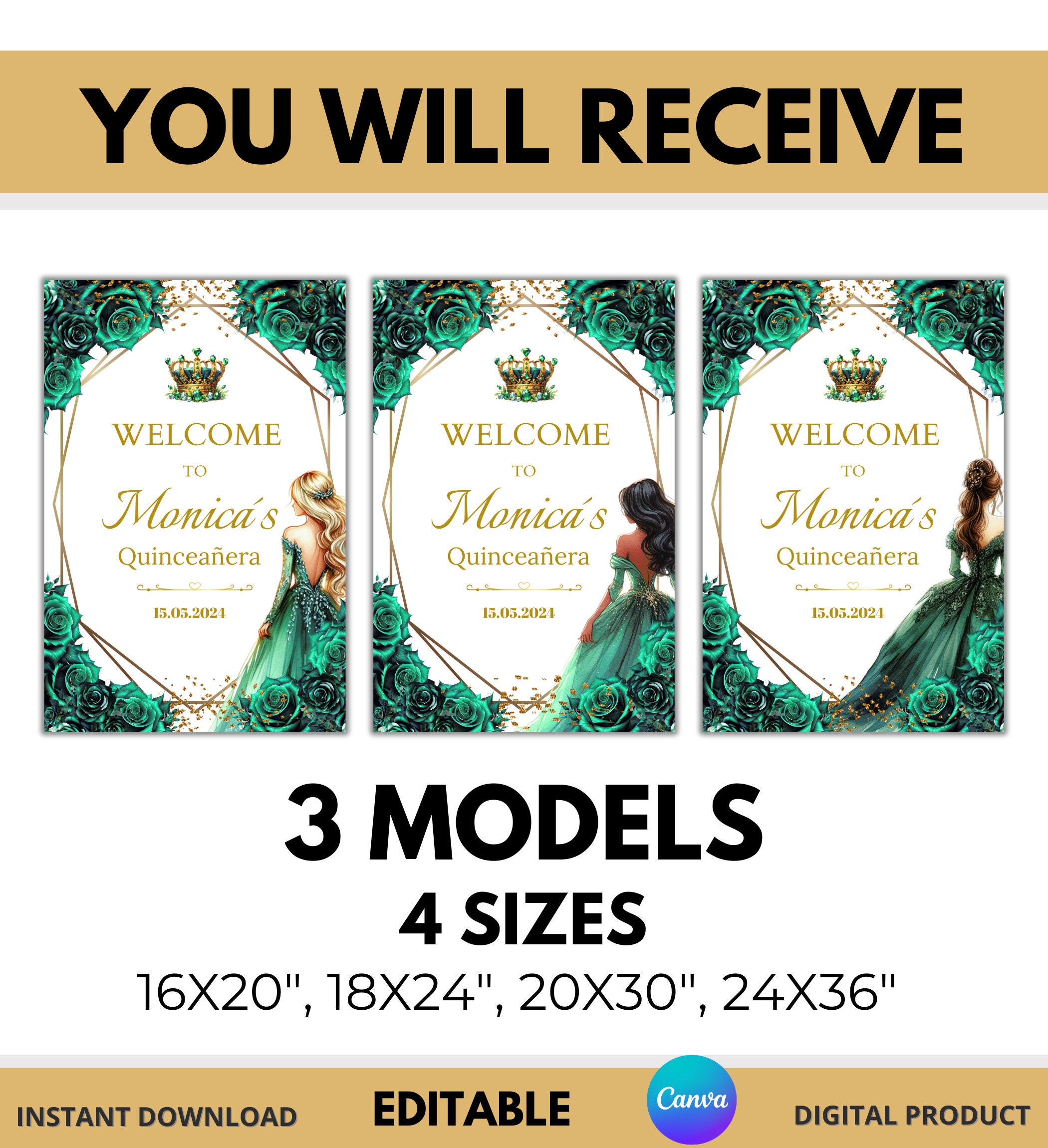 Quinceanera Welcome Sign, Tiara Princess Green and Gold, Mis Quince ...