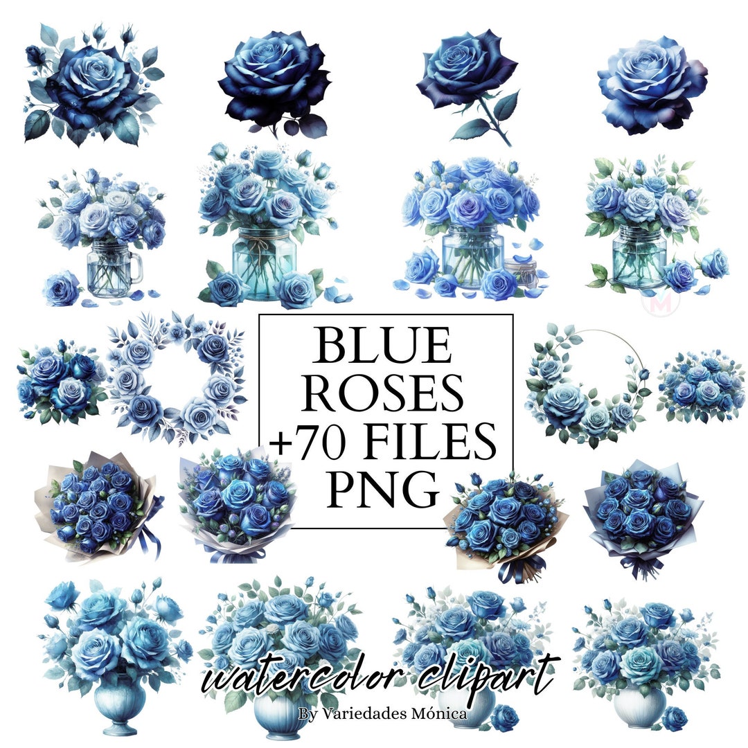 Blue Watercolor Roses Clipart Blue Roses and Leaves in PNG Roses in ...