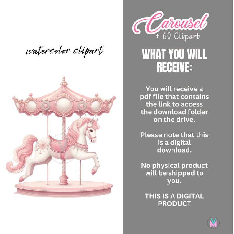 Watercolor Carousel Clipart, Pink Pony and Carousel Horse PNG, Nursery ...