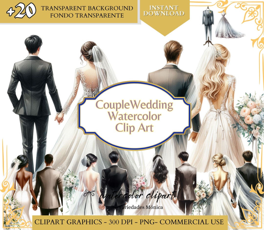 Set of 23, Bride and Groom Back Clipart, Wedding Day Clipart Png ...