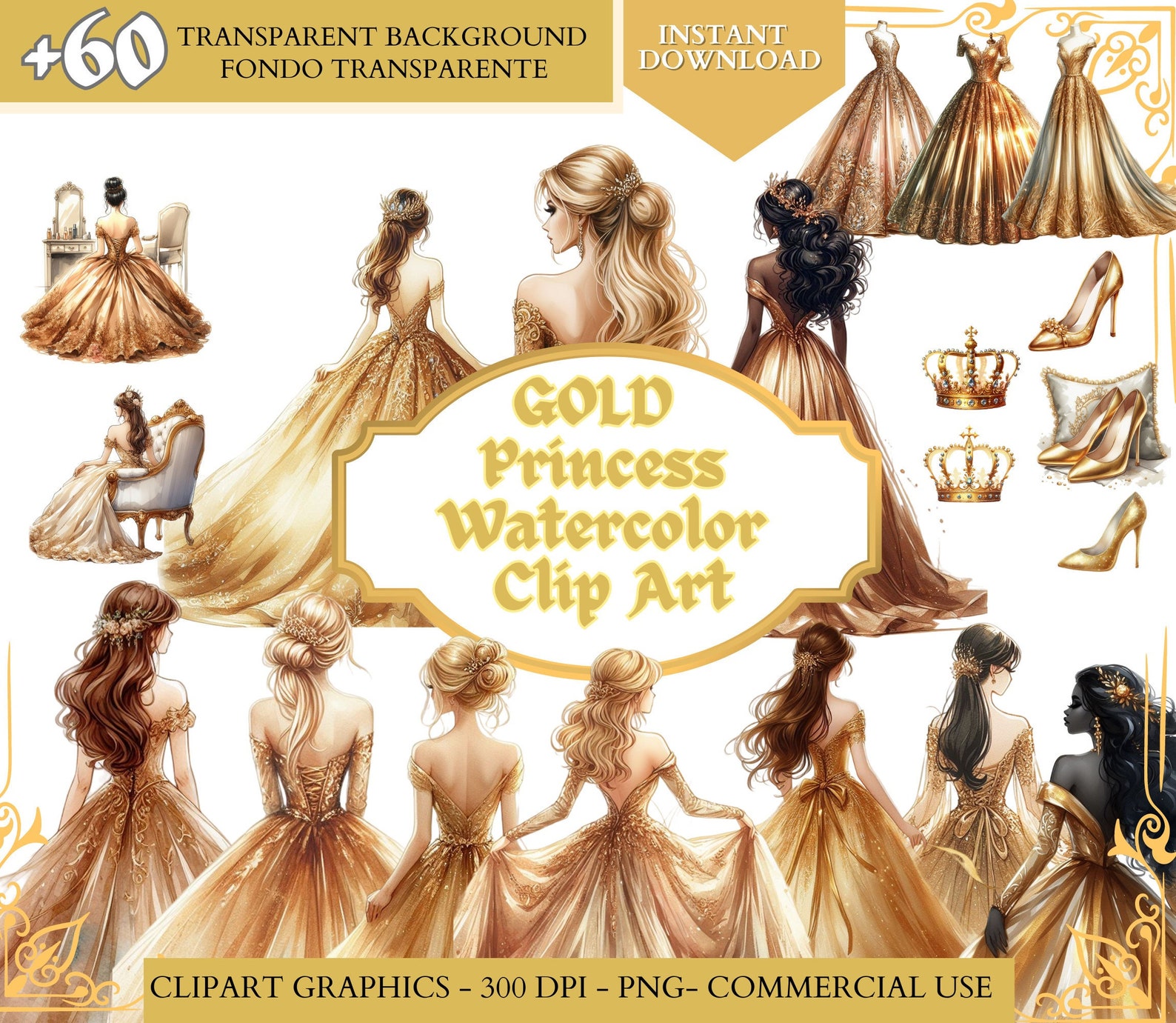Gold Princess Watercolor Clipart, Watercolor Clip Art, Dress Xv Años ...