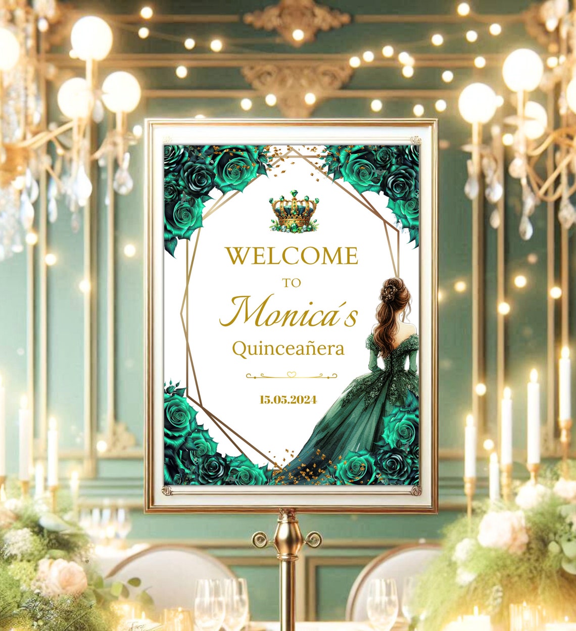 Quinceanera Welcome Sign, Tiara Princess Green and Gold, Mis Quince ...