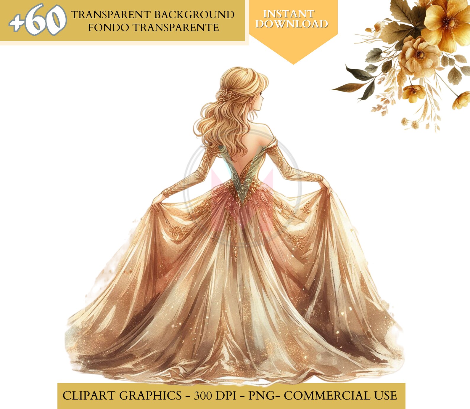 Gold Princess Watercolor Clipart, Watercolor Clip Art, Dress Xv Años ...