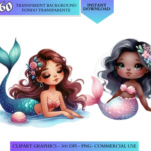 Mermaid Clipart Bundle Watercolor Cute Mermaid Clipart Png Little ...
