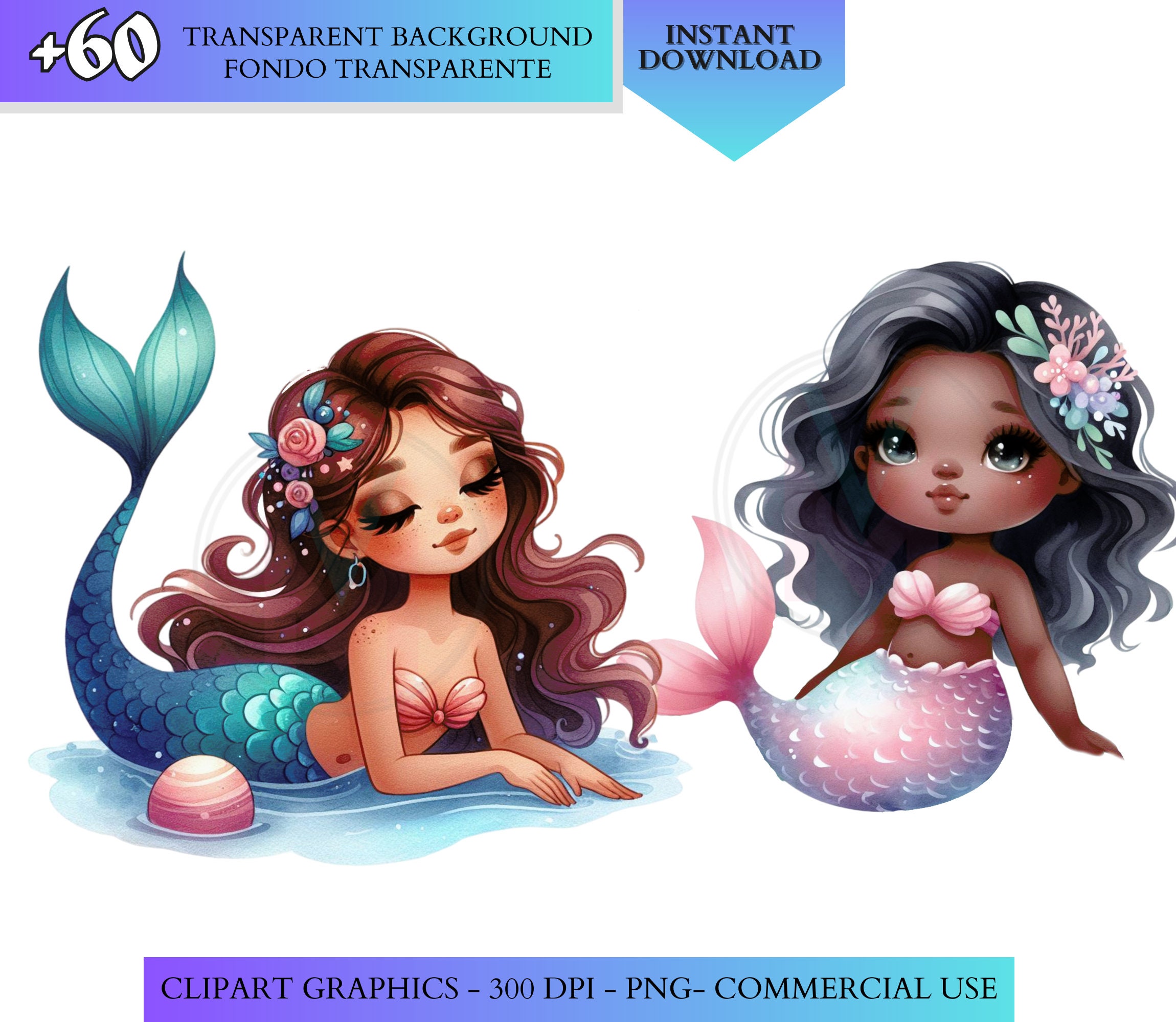 Mermaid Clipart Bundle Watercolor Cute Mermaid Clipart Png Little ...