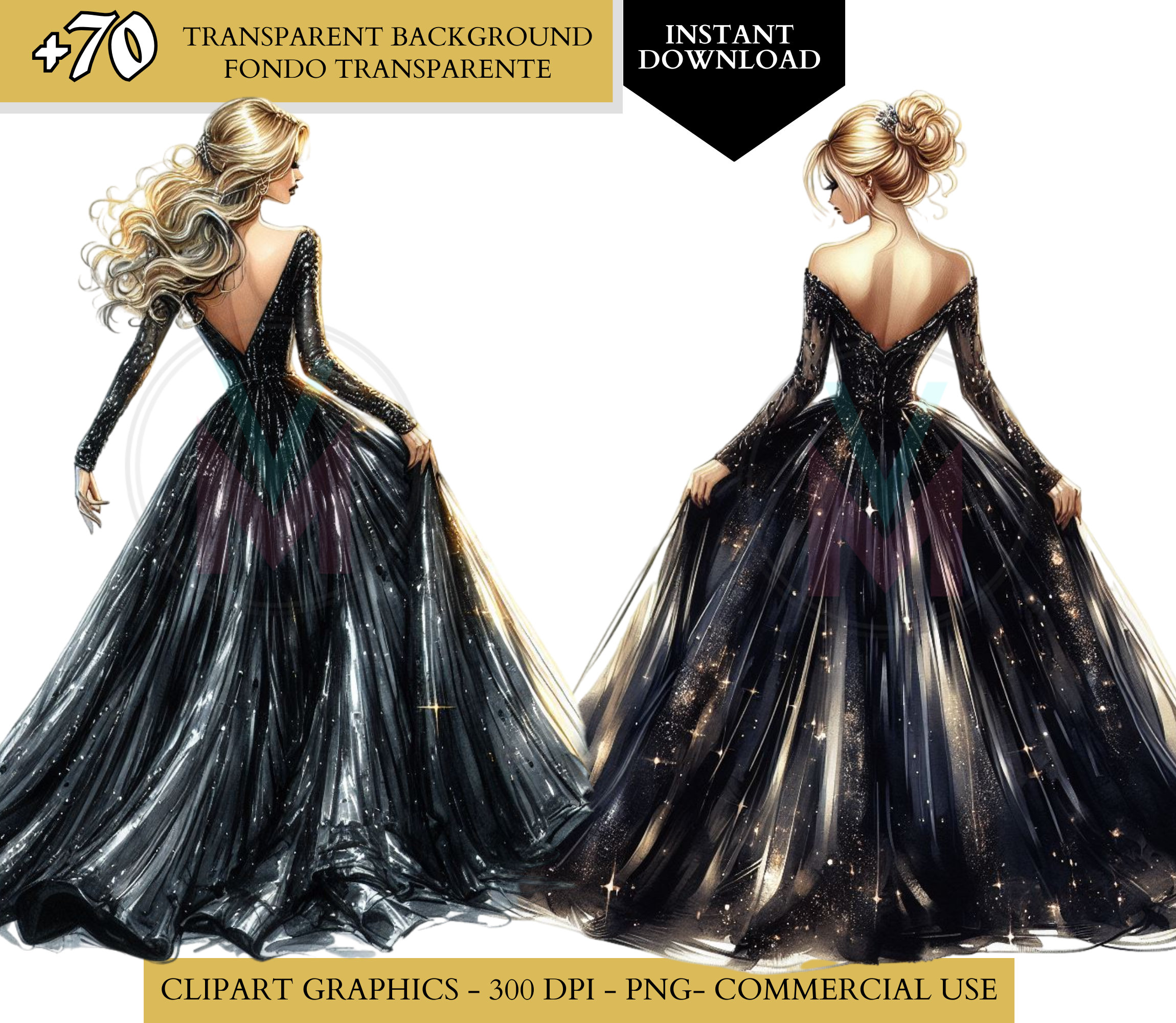 Watercolor Princess Clipart-black Dress Clip Art Bridesmaid-quinceañera ...