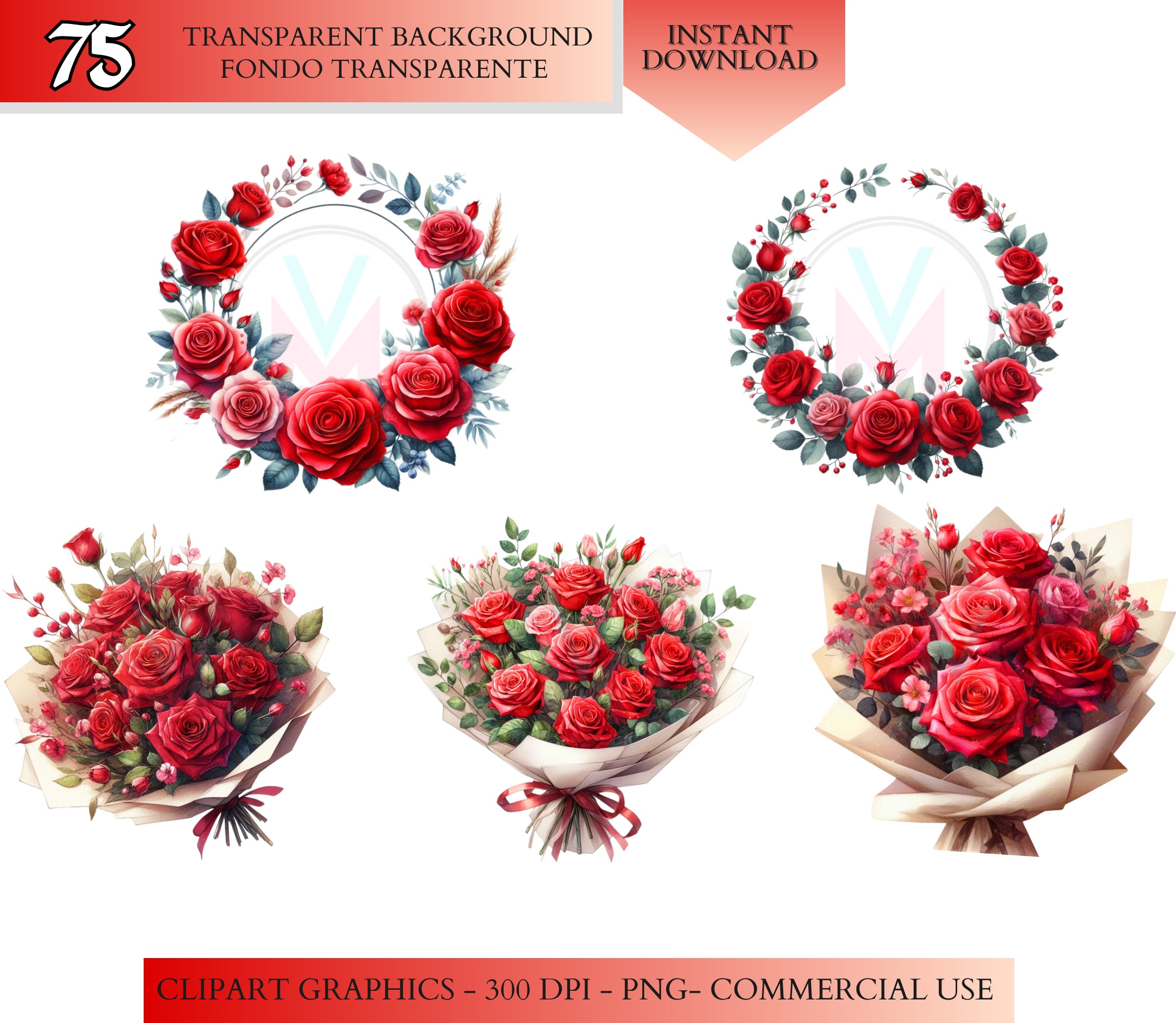 Red Roses Clipart Transparent Png - Mega Bundle 75 Designs - Instant ...
