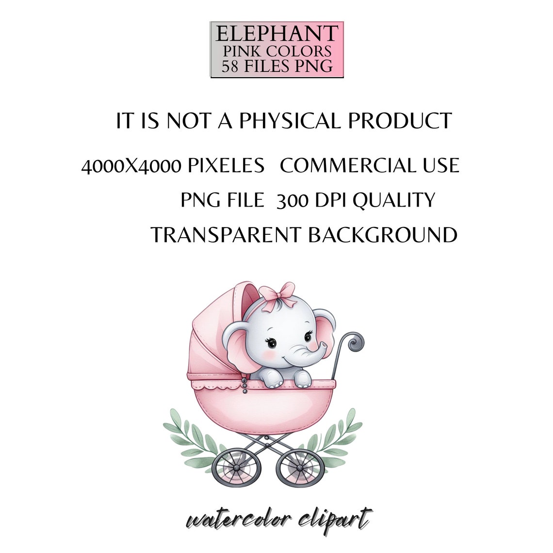 Pink Baby ELEPHANT Cute Watercolor Clipart, Baby Shower Girl Pink PNG ...