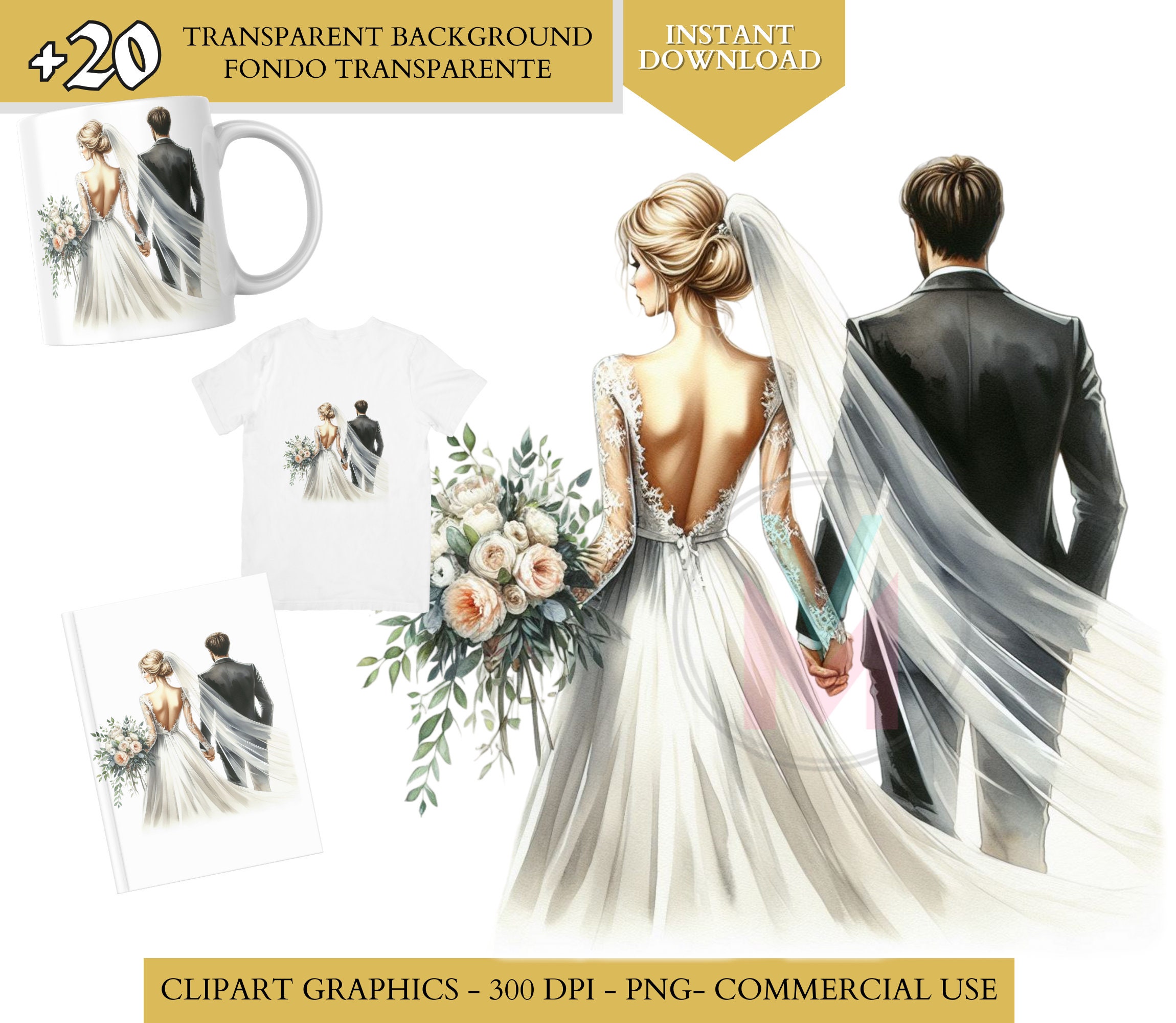 Set of 23, Bride and Groom Back Clipart, Wedding Day Clipart Png ...