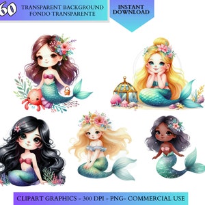 Mermaid Clipart Bundle Watercolor Cute Mermaid Clipart Png Little ...