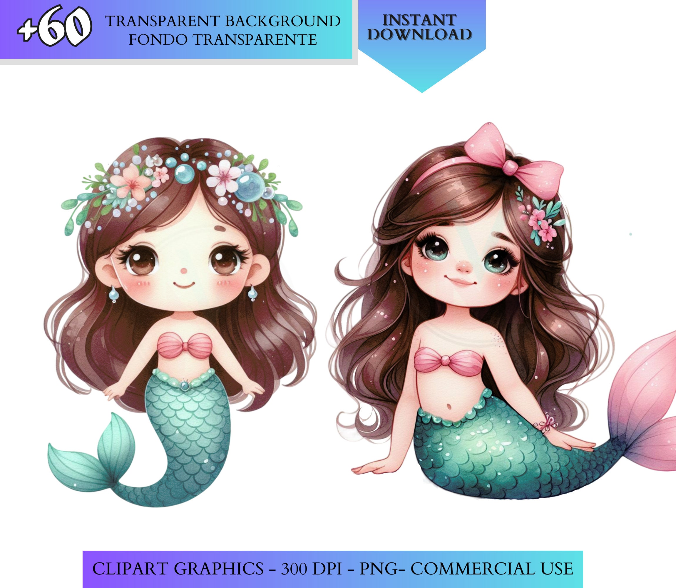 Mermaid Clipart Bundle Watercolor Cute Mermaid Clipart Png Little ...