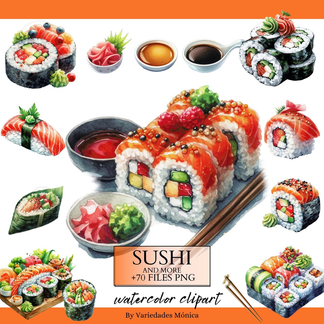 Watercolor Sushi Clipart, 70 PNG, Delicious Sushi Roll, Clipart Sea ...