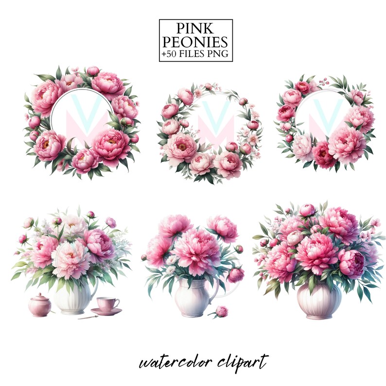 Pink Peonies Clipart Bundle, Watercolor Flowers Clipart, Peony PNG ...