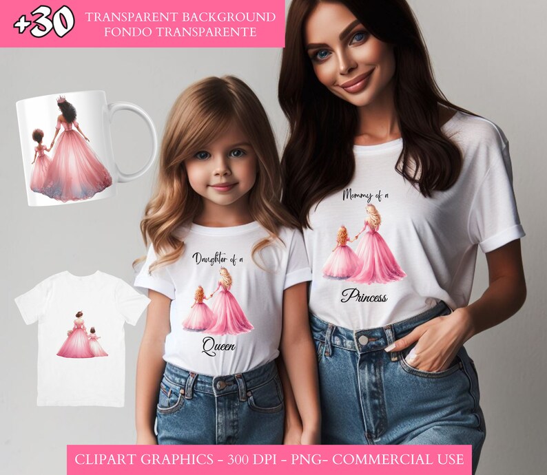 Mother Daughter Clipart-mothers Day Png, PINK Queen and Princess Png ...