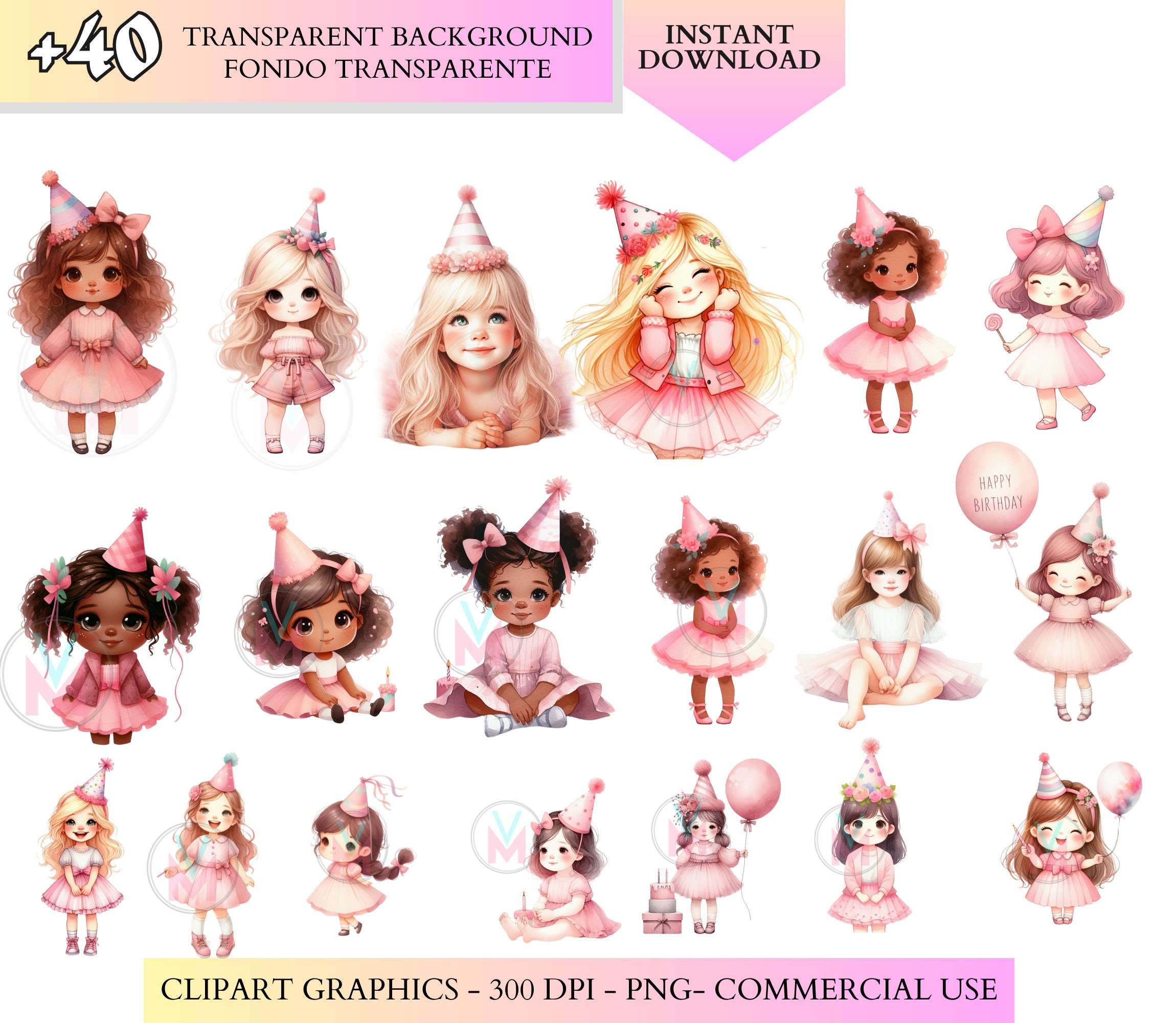 Pink Birthday Clipart GIRL Watercolor Bundle Birthday Pngs, Birthday ...