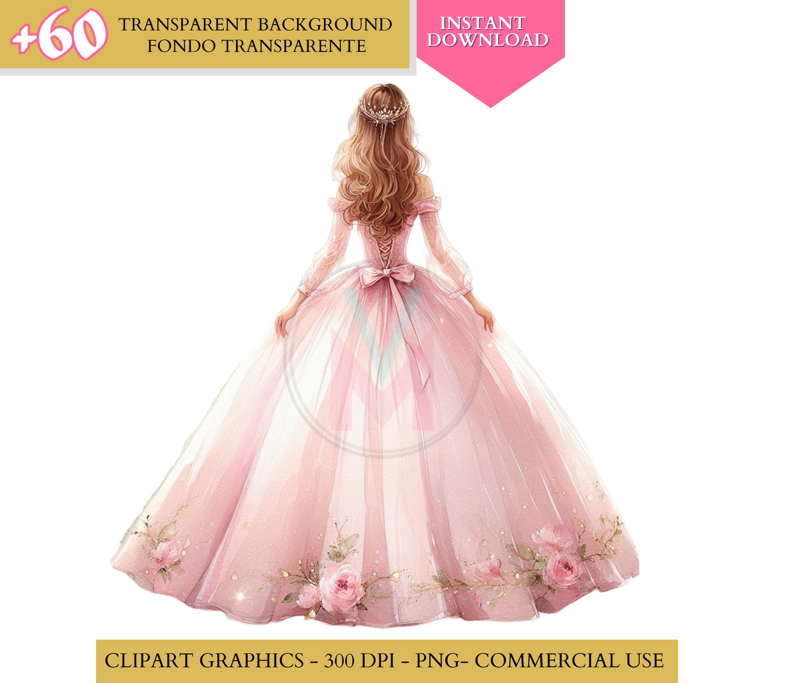 Pink Quinceañera Dress Clipart, Watercolor Princess Gown PNG, Pink ...