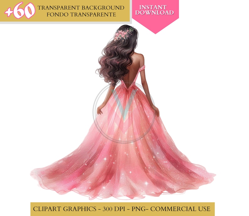 Pink Princess Quinceañera Png Dress, Watercolor Clipart Watercolor Clip ...