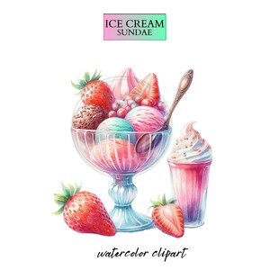 Watercolor Ice Cream Clipart, 30 Bundle PNG, Sundae Icecream Cone ...