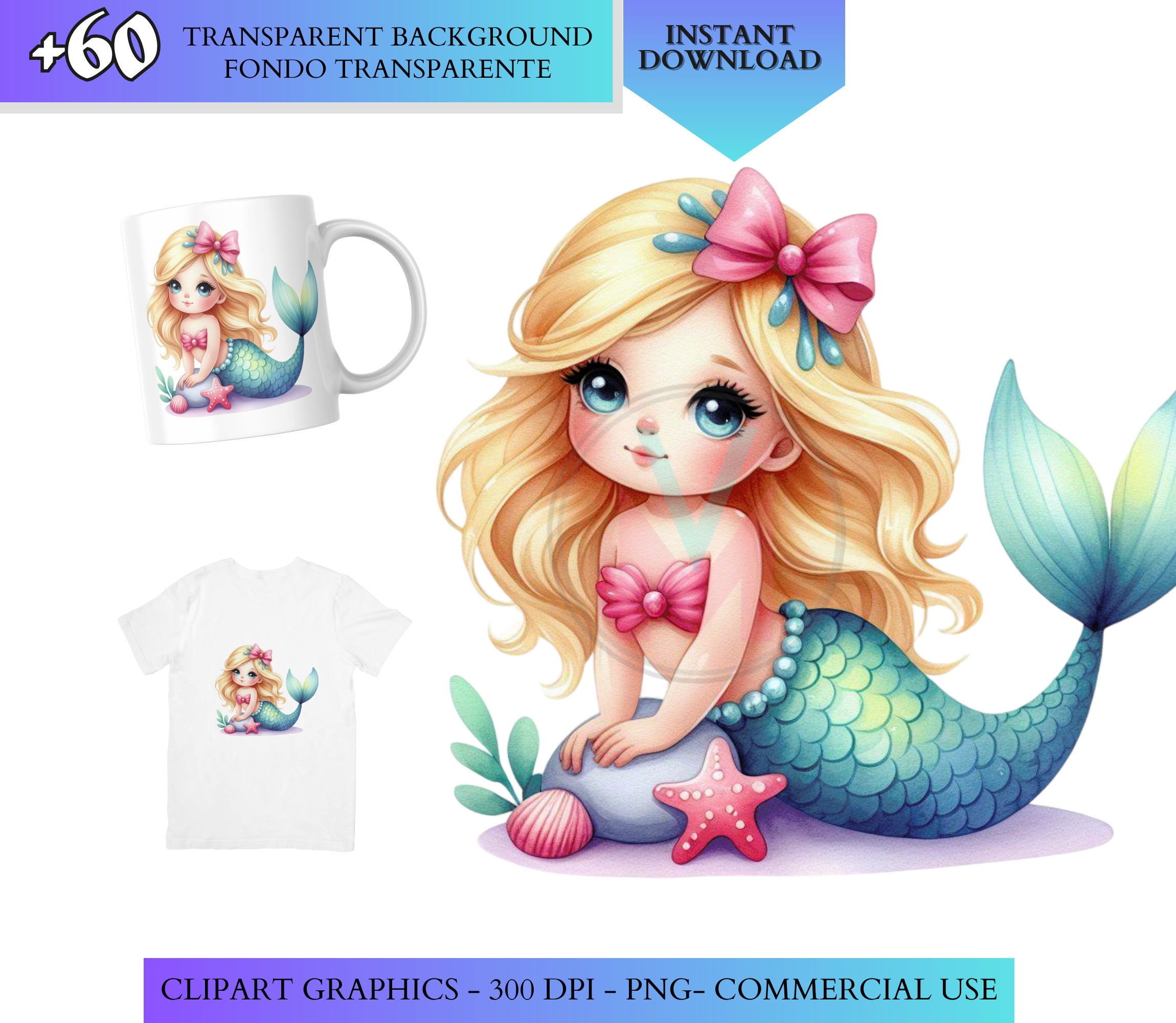Mermaid Clipart Bundle Watercolor Cute Mermaid Clipart Png Little ...