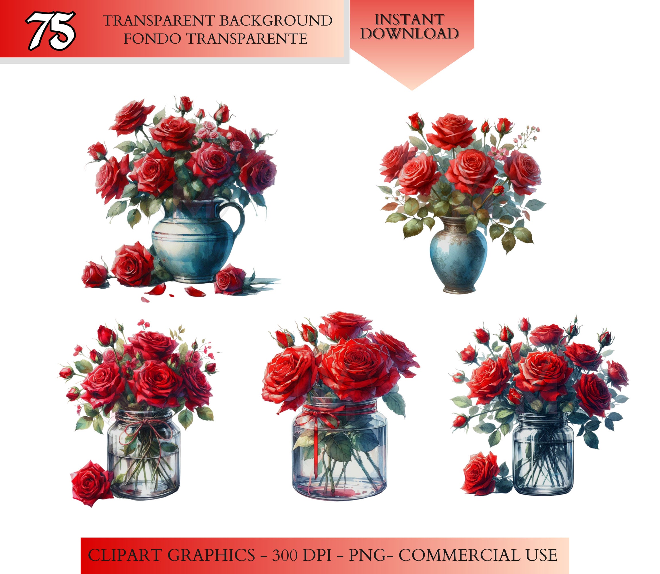 Red Roses Clipart Transparent Png - Mega Bundle 75 Designs - Instant ...