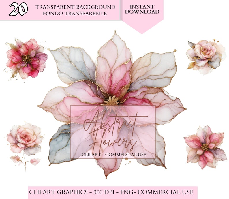 20 Abstract Flowers Clipart, Pink Gold Flower, Flowers Print Printable ...