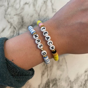 NEW Personalized Beaded Name Bracelets Teacher PENCIL and PAPER Bracelets Teacher Gift Teacher ...