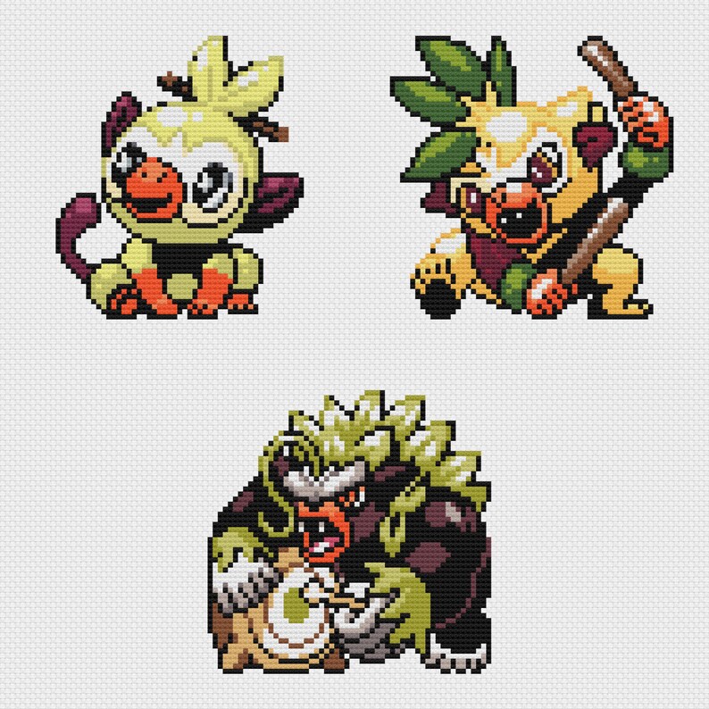 Grookey, Thwackey & Rillaboom Cross Stitch Patterns: Retro Game Sprites ...