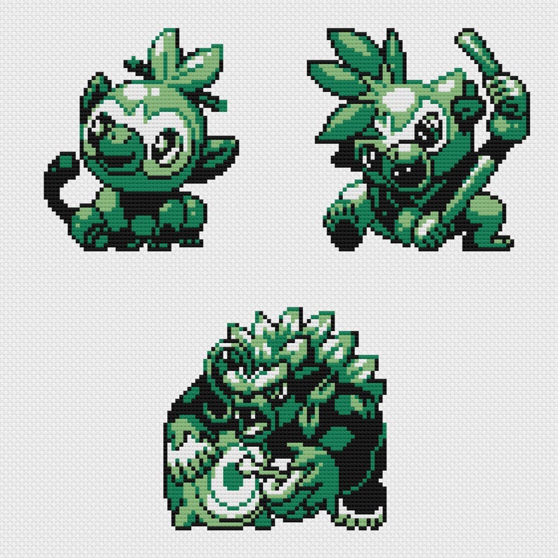 Grookey, Thwackey & Rillaboom Cross Stitch Patterns: Retro Game Sprites ...
