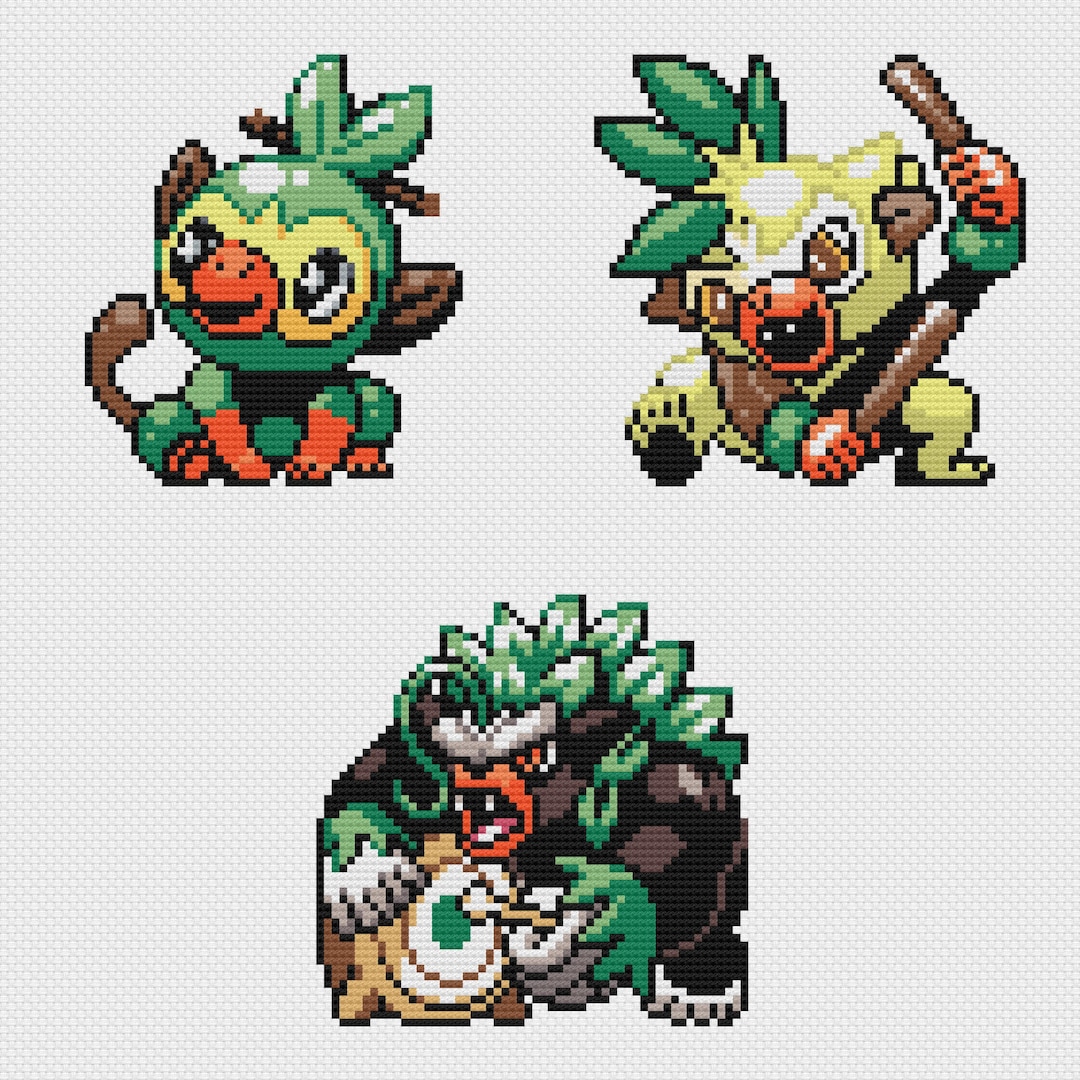 Grookey, Thwackey & Rillaboom Cross Stitch Patterns: Retro Game Sprites ...