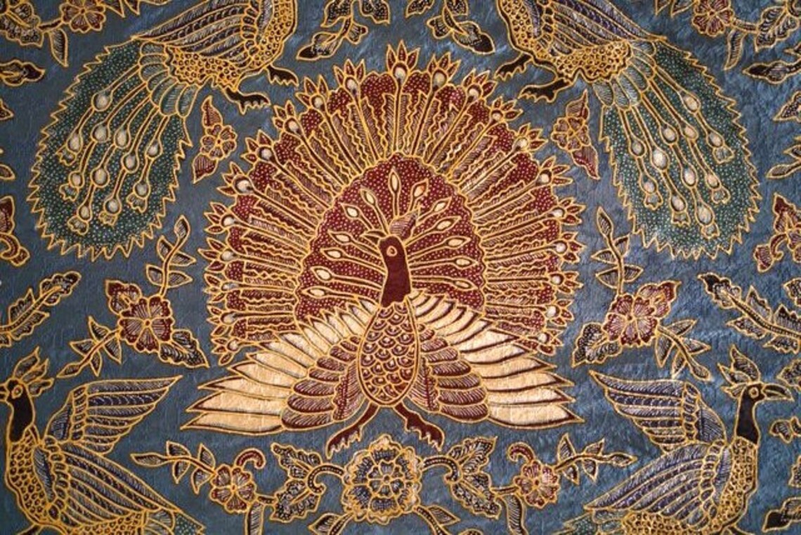 Batik Beige Peacock on Light Blue Fabric - Etsy