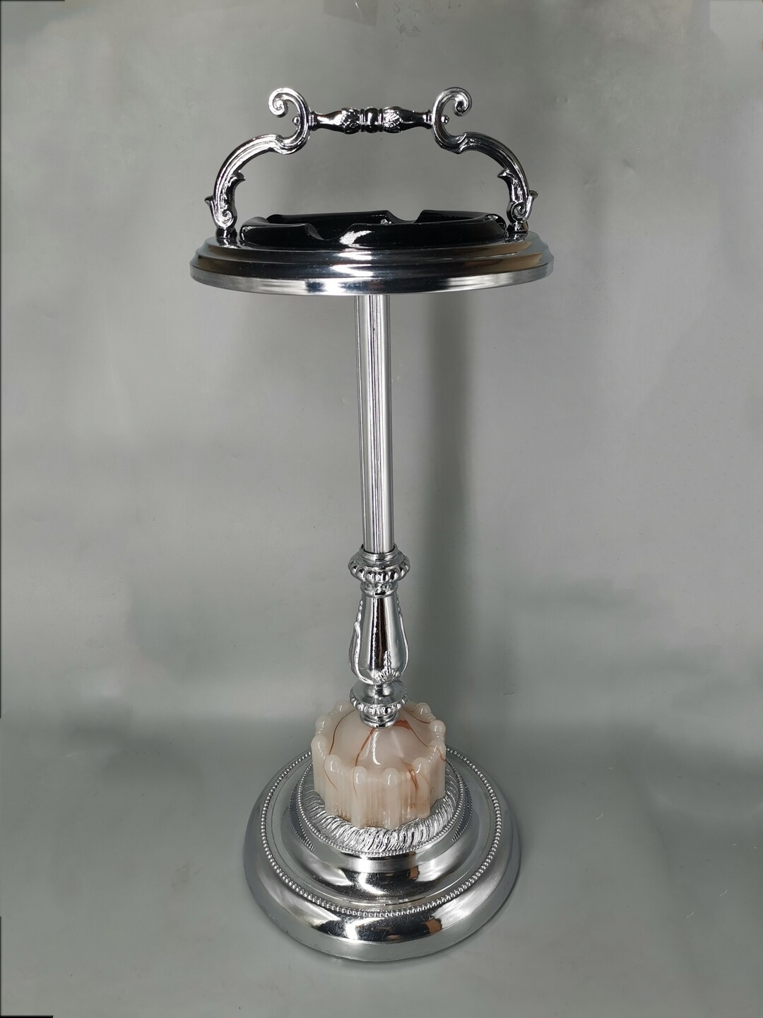 Vintage Art Deco Standing Ashtray, H28/D11.5, Chrome Finish, Dark Glass ...