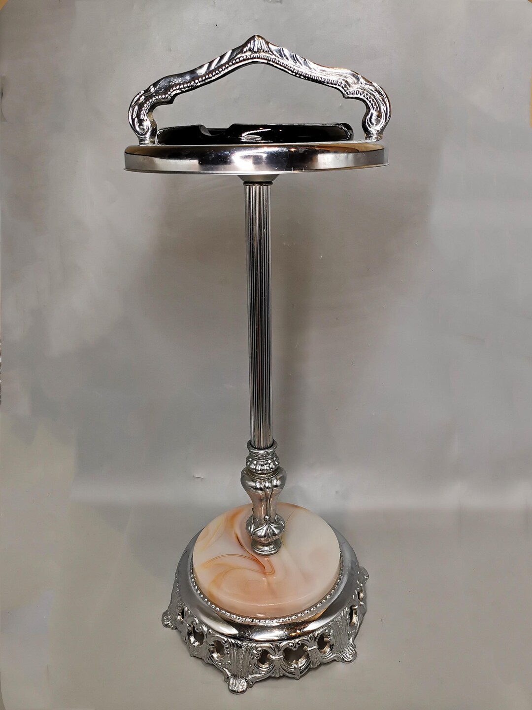 Vintage Art Deco Standing Ashtray, H27.5”/D12”, Chrome Finish, Dark ...