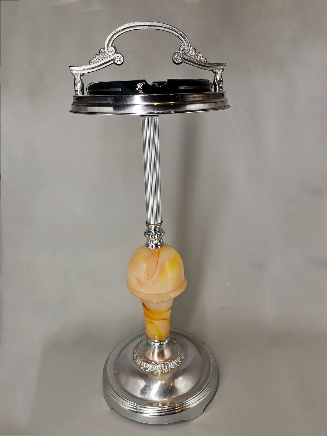 Vintage Art Deco Standing Ashtray, H27.5”/D10.25”, Chrome Finish, Dark ...