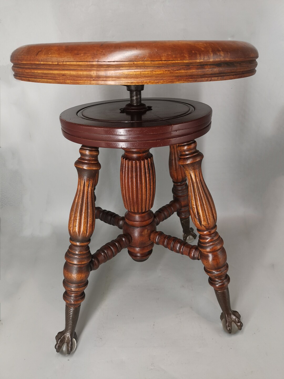 Antique Adjustable Wood Piano Stool With Glass Ball Claw Feet, Probably ...