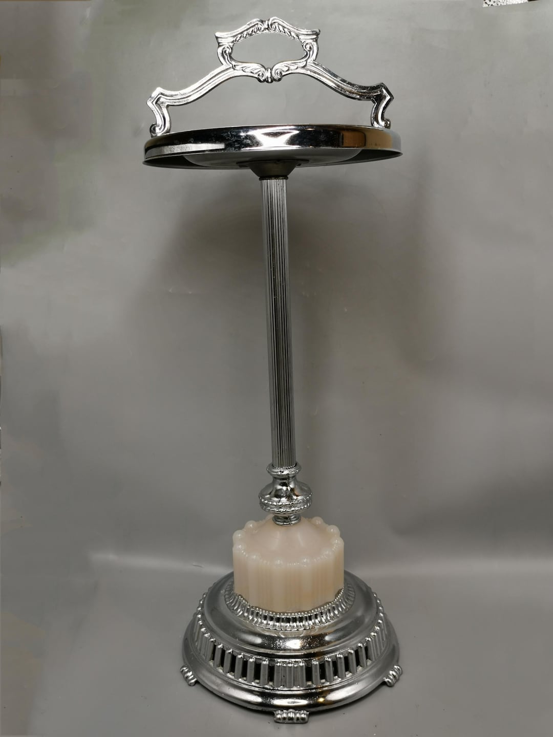 Vintage Art Deco Standing Ashtray, H28”/D11”, Chrome Finish, Dark Glass ...