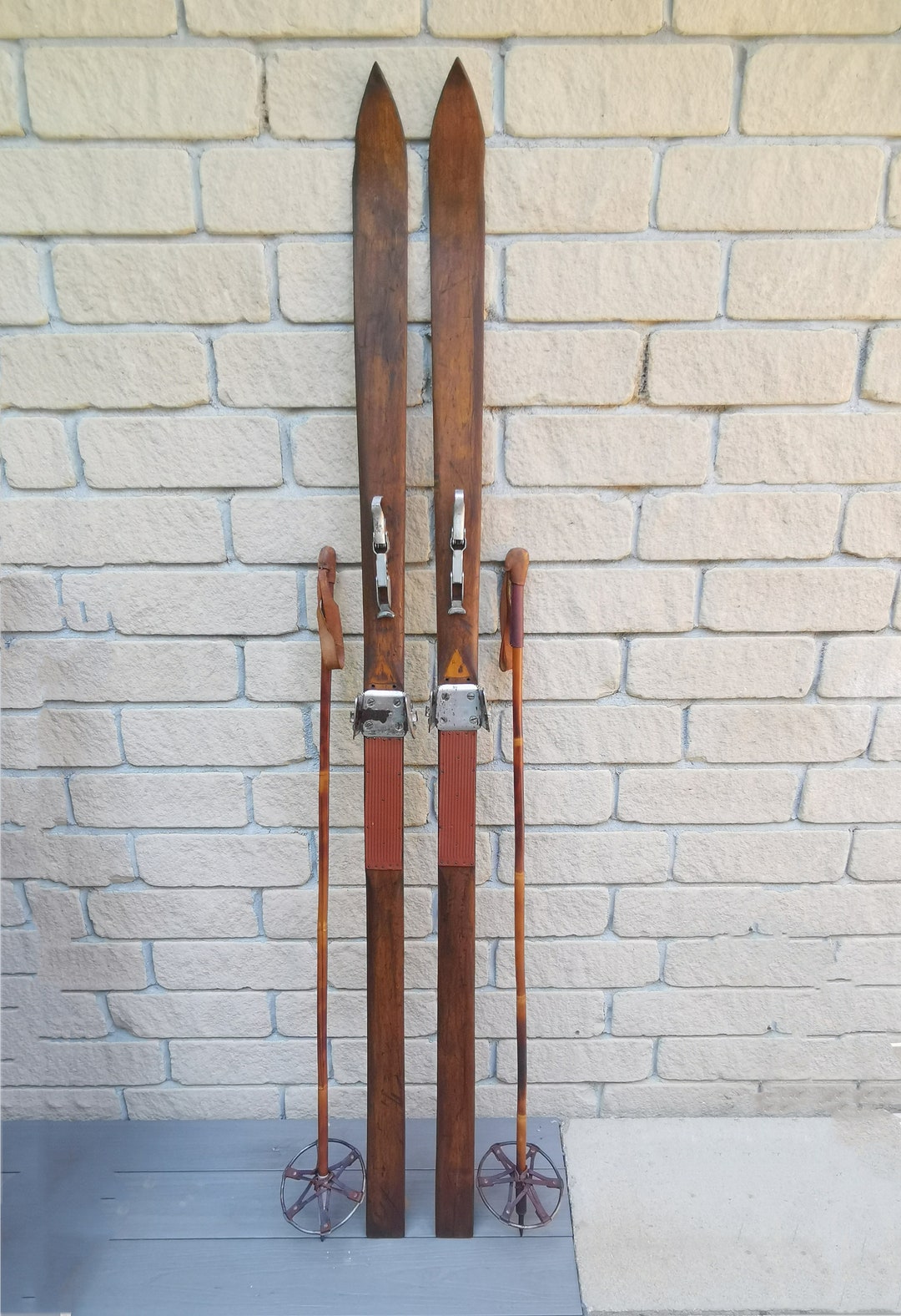 Vintage Wooden Skis 75&rare Poles49/d6, Chalet Harvey E. Dodds Bindings ...