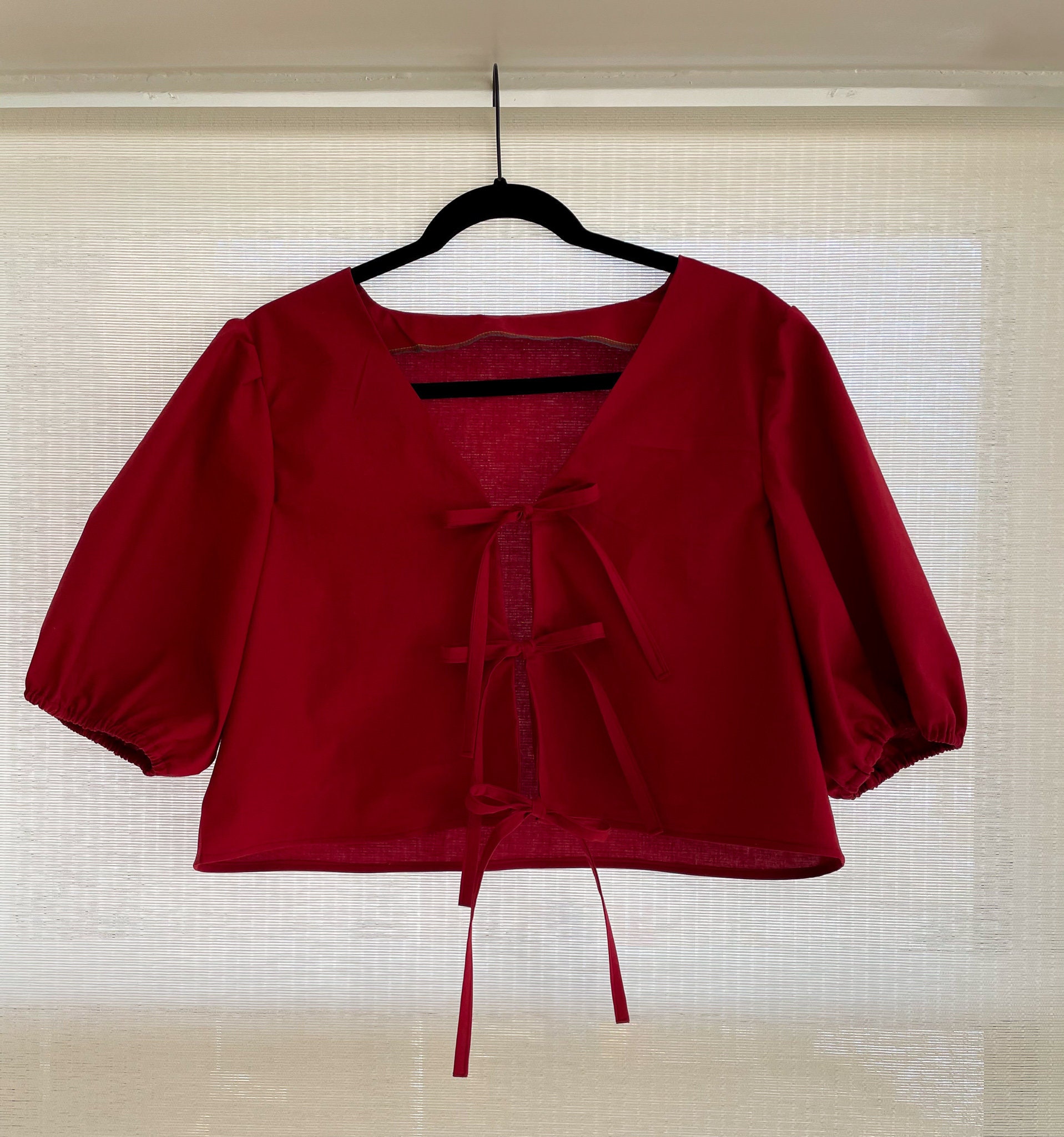 Puff Sleeve Bow Tie Crop Top Sewn To Order Navy Red And Green Cotton