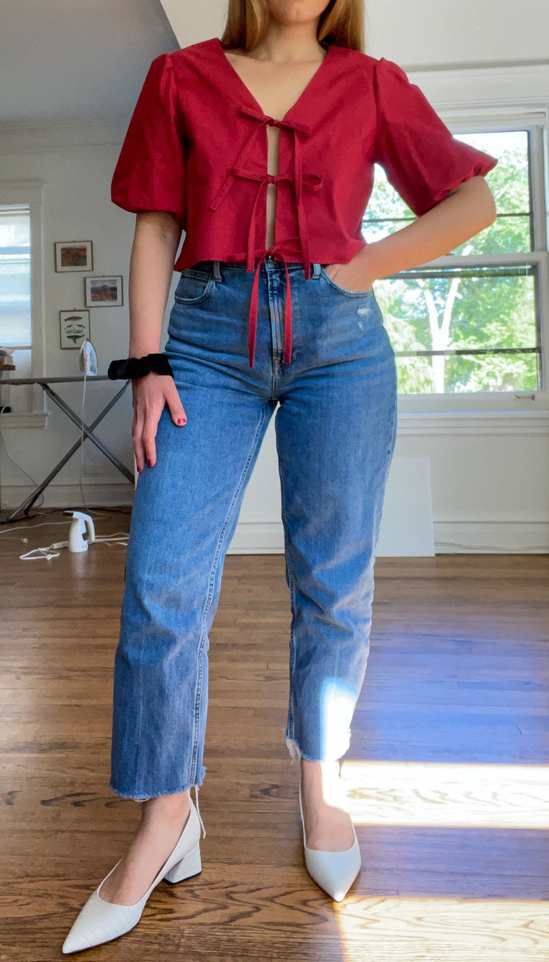 Puff Sleeve Bow Tie Crop Top Sewn To Order Navy Red And Green Cotton