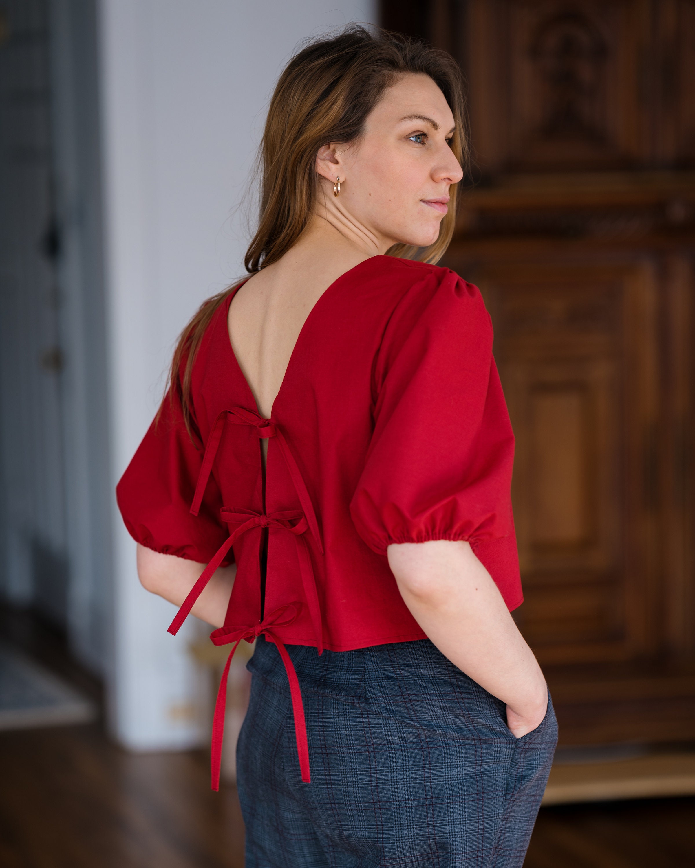 Puff Sleeve Bow Tie Crop Top Sewn To Order Navy Red And Etsy